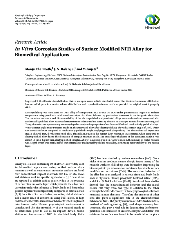 (PDF) In Vitro Corrosion Studies of Surface Modified NiTi Alloy for Biomedical Applications