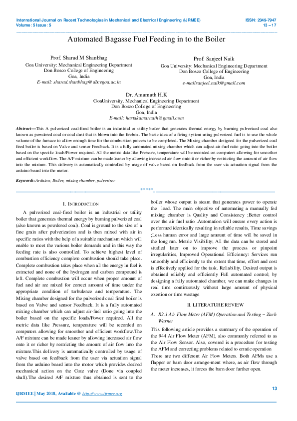 (PDF) Automated Bagasse Fuel Feeding in to the Boiler