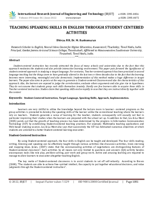 (PDF) TEACHING SPEAKING SKILLS IN ENGLISH THROUGH STUDENT CENTERED ACTIVITIES