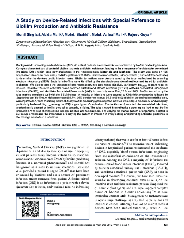 (PDF) A study on device-related infections with special reference to ...