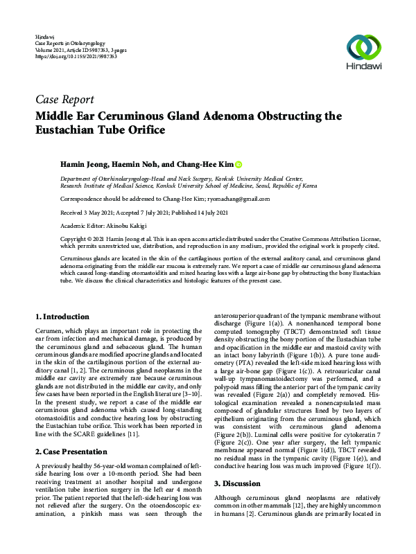 (PDF) Middle Ear Ceruminous Gland Adenoma Obstructing the Eustachian ...