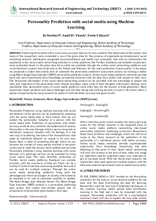(PDF) Personality Prediction with social media using Machine Learning