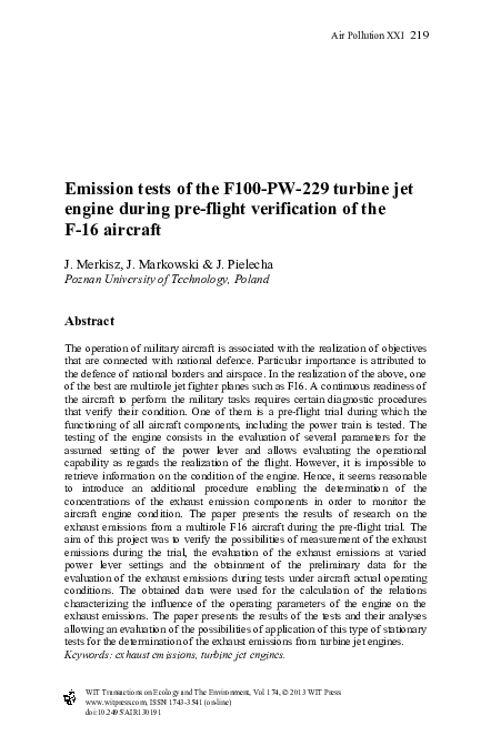 (PDF) Emission tests of the F100-PW-229 turbine jet engine during pre ...