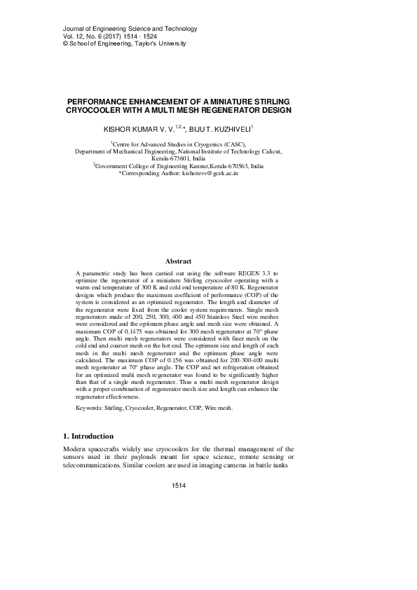 Performance Enhancement of a Miniature Stirling Cryocooler with a Multi ...