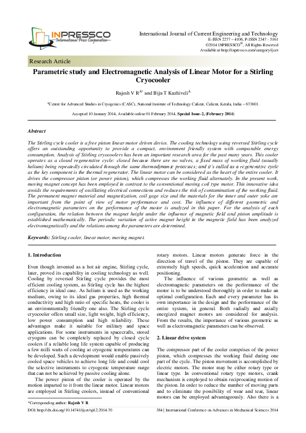 (PDF) Parametric study and Electromagnetic Analysis of Linear Motor for a Stirling Cryocooler ...