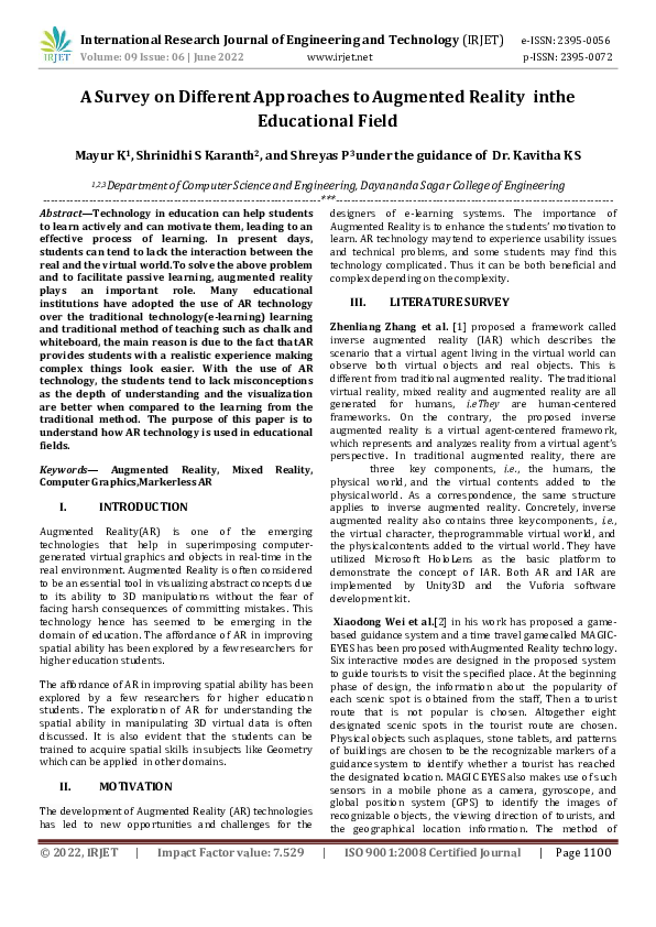 (PDF) A Survey on Different Approaches to Augmented Reality inthe Educational Field