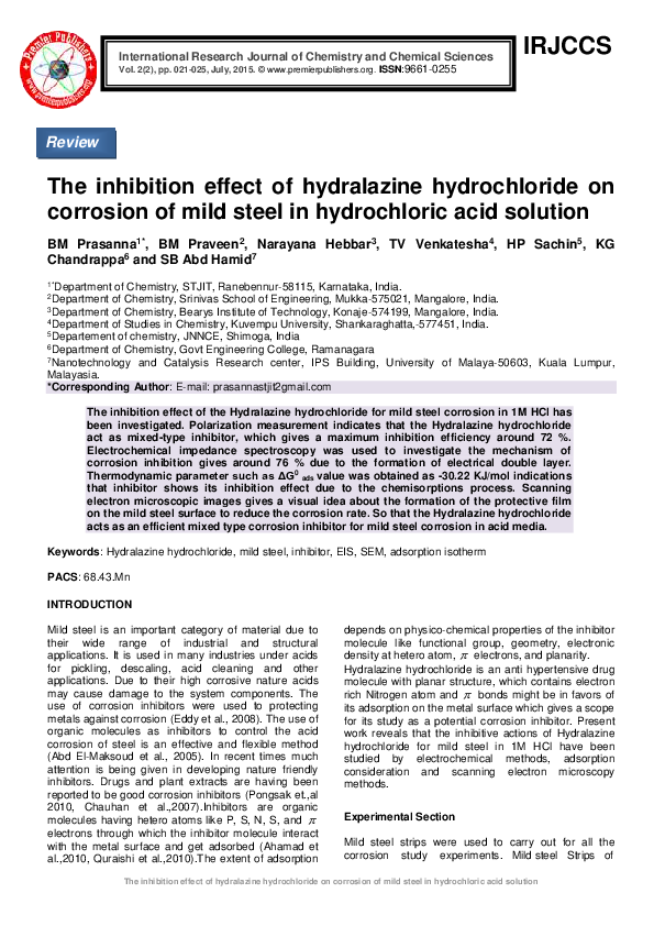(PDF) The inhibition effect of hydralazine hydrochloride on corrosion ...