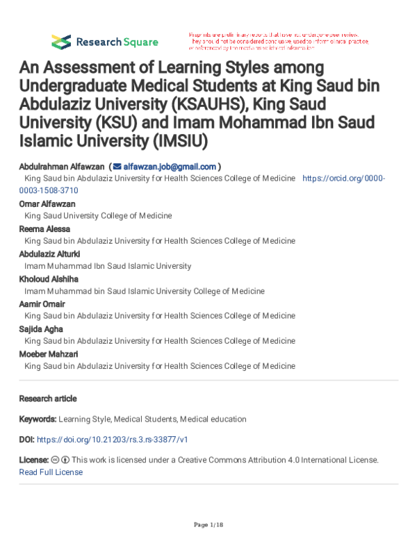 (PDF) An Assessment of Learning Styles among Undergraduate Medical ...
