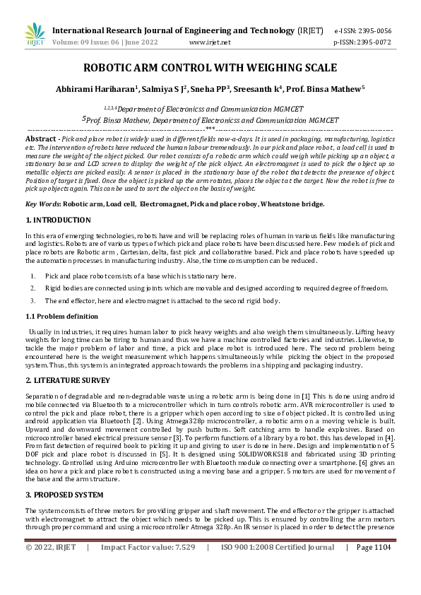 (PDF) ROBOTIC ARM CONTROL WITH WEIGHING SCALE