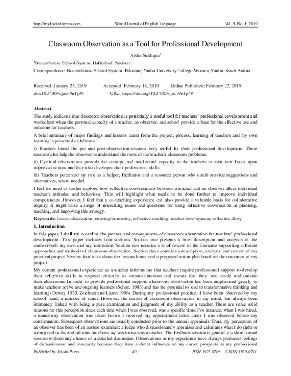 (PDF) Classroom Observation as a Tool for Professional Development