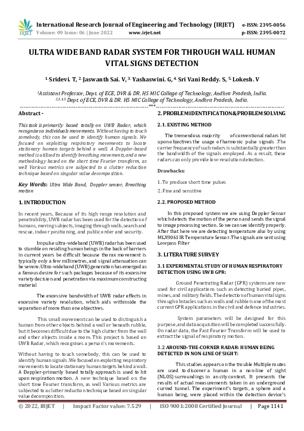 (PDF) ULTRA WIDE BAND RADAR SYSTEM FOR THROUGH WALL HUMAN VITAL SIGNS DETECTION