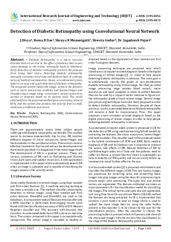 Pdf Detection Of Diabetic Retinopathy Using Convolutional Neural Network