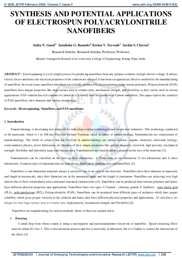 (PDF) Synthesis and Potential Applications of Electrospun Polyacrylonitrile Nanofibers