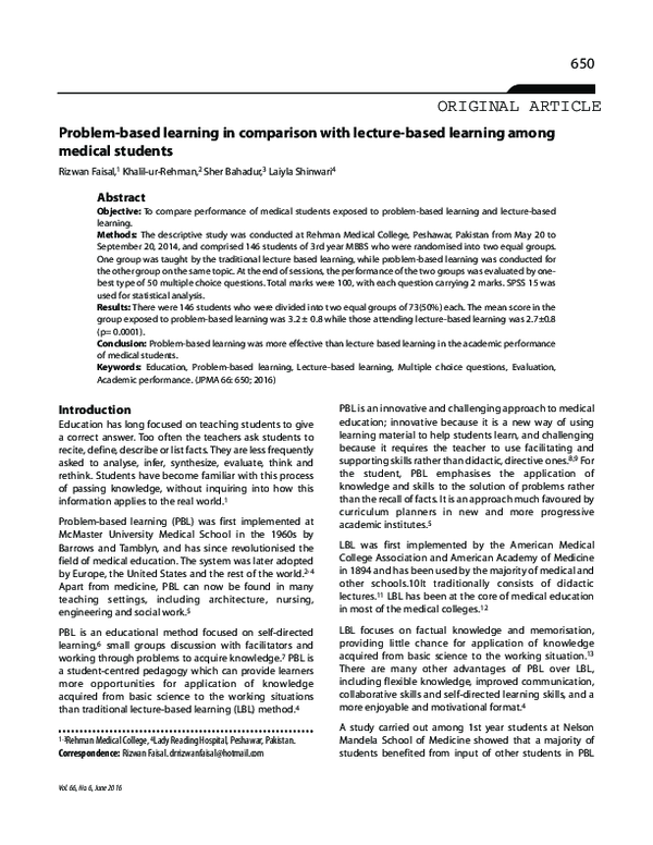 Pdf Problem Based Learning In Comparison With Lecture Based Learning