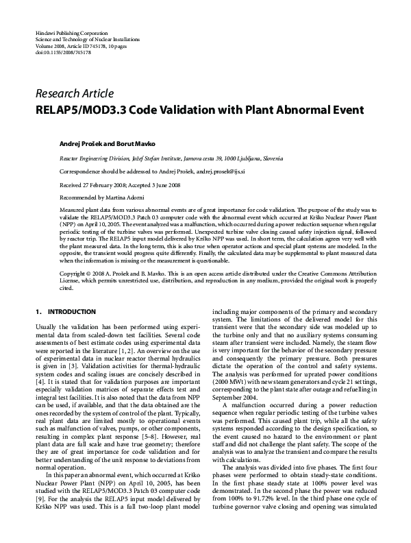 (PDF) RELAP5/MOD3.3 Code Validation with Plant Abnormal Event