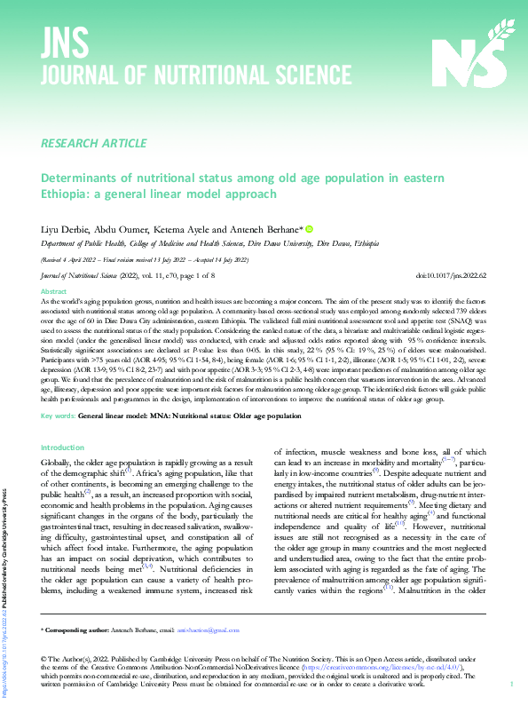 (PDF) Determinants of nutritional status among old age population in ...