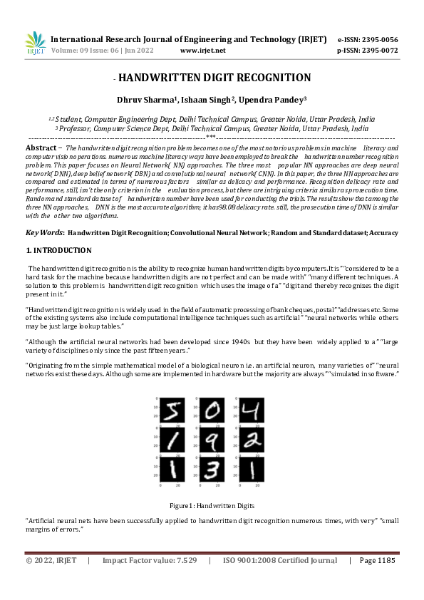 (PDF) HANDWRITTEN DIGIT RECOGNITION