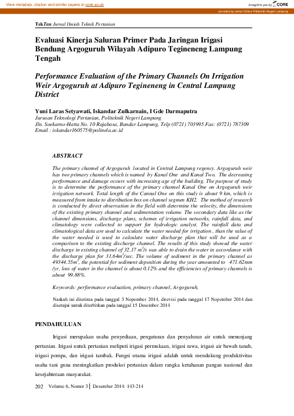 (PDF) Evaluasi Kinerja Saluran Primer Pada Jaringan Irigasi Bendung ...