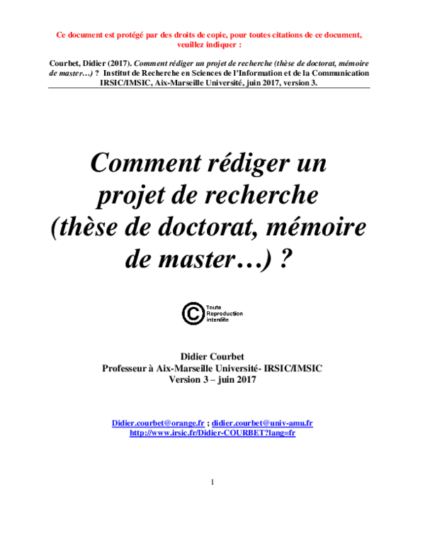 (PDF) Comment rédiger un projet de recherche (thèse de doctorat, mémoire de master…)