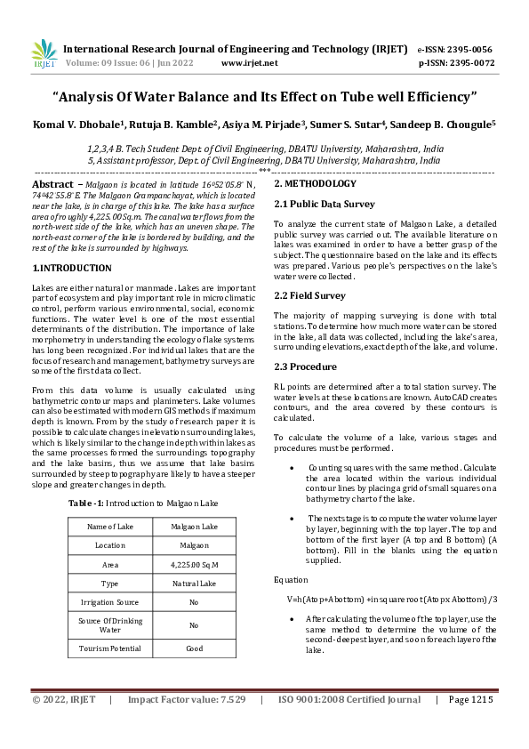 (PDF) "Analysis Of Water Balance and Its Effect on Tube well Efficiency"
