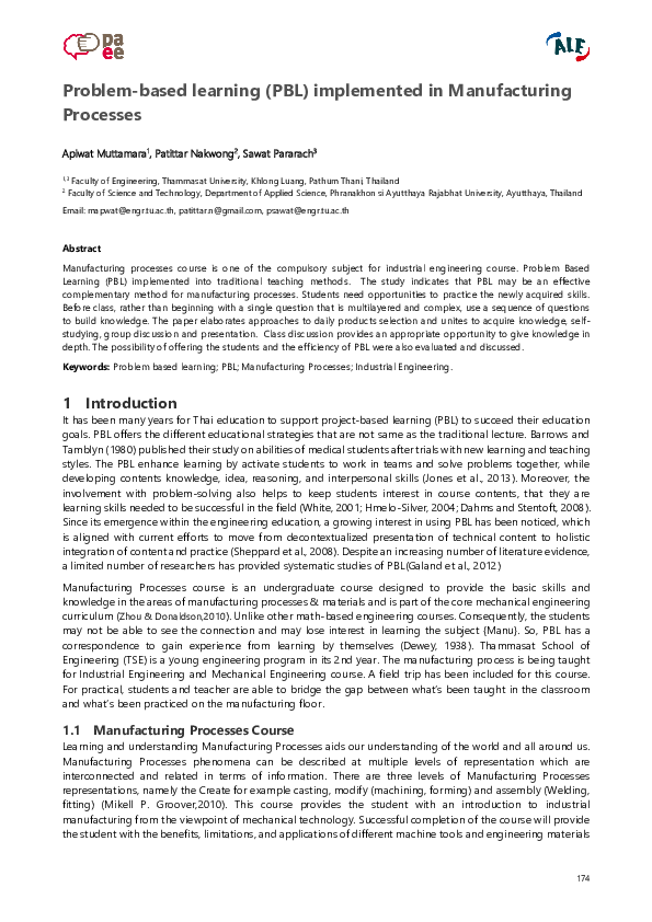 (PDF) Problem-based learning (PBL) implemented in Manufacturing Processes