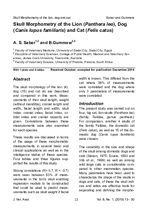 (PDF) Skull Morphometry of the Lion (Panthera leo), Dog (Canis lupus ...