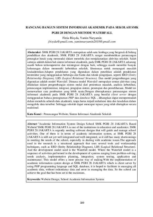 (PDF) Rancang Bangun Sistem Informasi Akademik Pada Sekolah SMK Pgri 28 Dengan Metode Waterfall