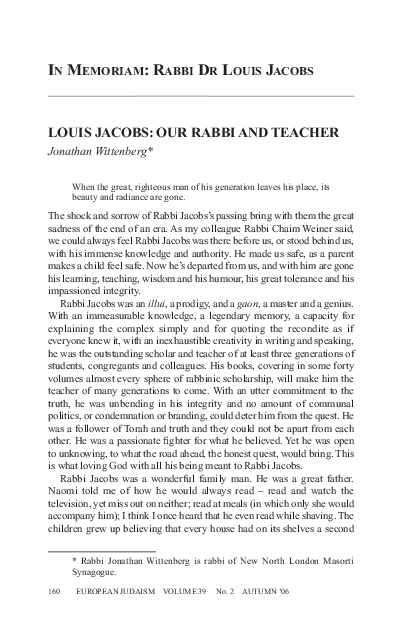 (PDF) Louis Jacobs: Our Rabbi and Teacher