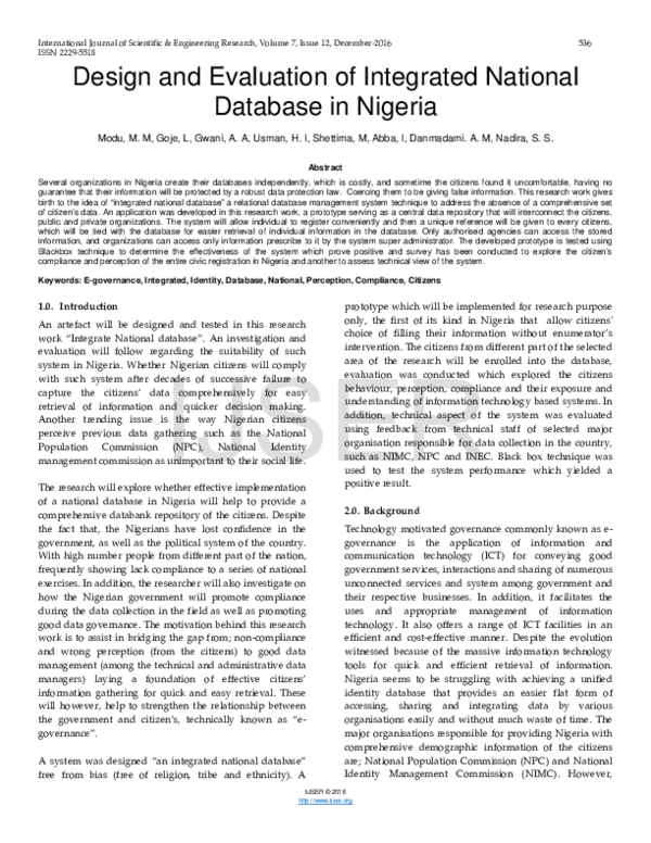 (PDF) Design and Evaluation of Integrated National Database in Nigeria