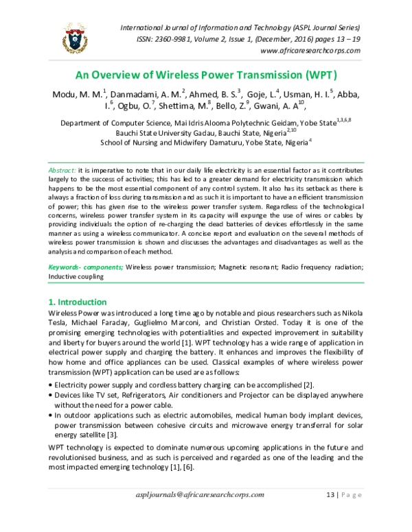 (PDF) An Overview of Wireless Power Transmission (WPT