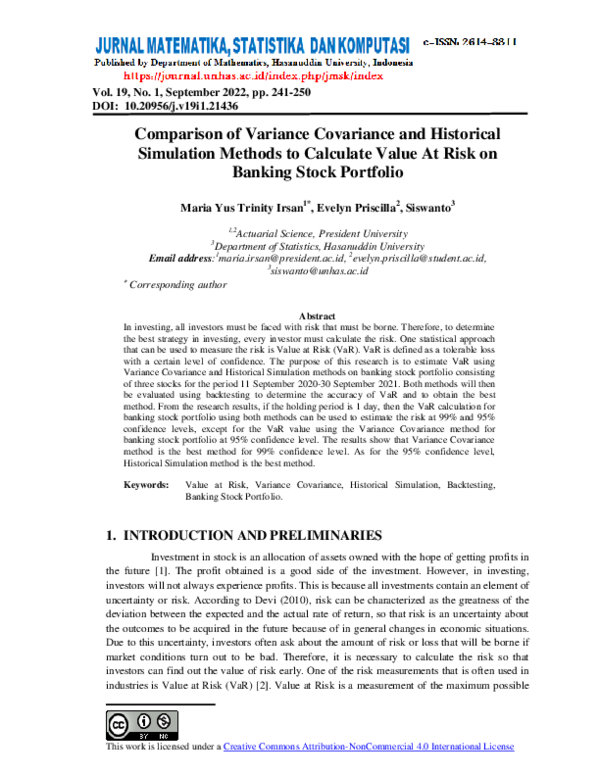 Pdf Comparison Of Variance Covariance And Historical Simulation Methods To Calculate Value At