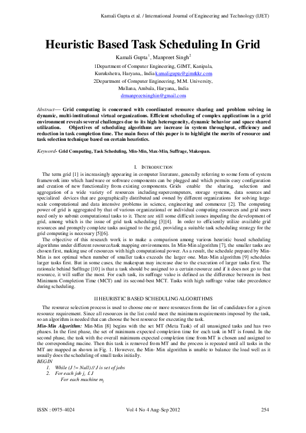 (PDF) Heuristic Based Task Scheduling In Grid | kamali gupta - Academia.edu