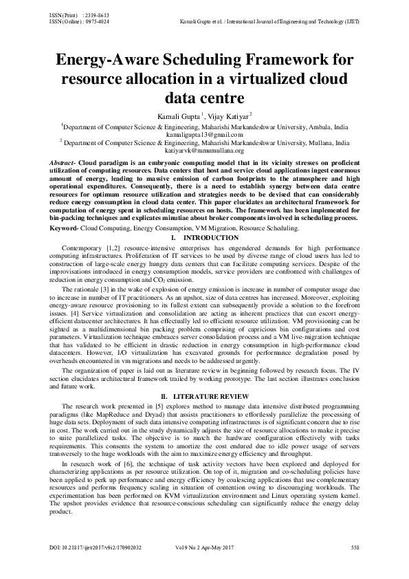 Pdf Energy Aware Scheduling Framework For Resource Allocation In A Virtualized Cloud Data Centre
