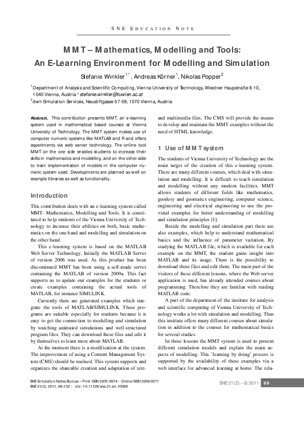 MMT – Mathematics, Modelling and Tools: An E-Learning Environment for ...