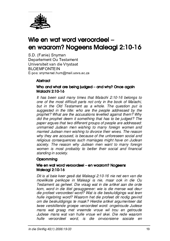 (PDF) Wie en wat word veroordeel – en waarom? Nogeens Maleagi 2:10-16 ...