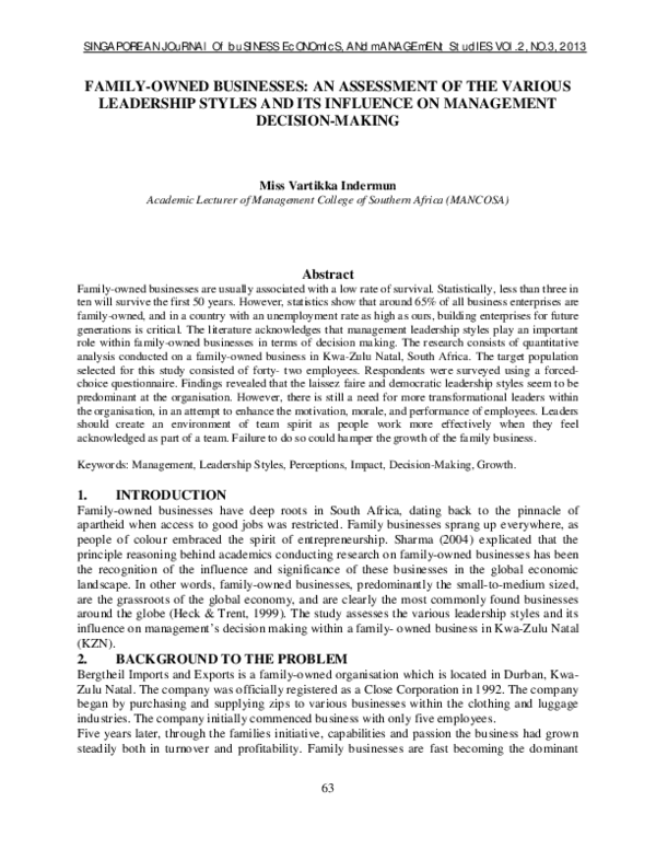 (PDF) Family-Owned Businesses : An Assessment of the Various Leadership Styles and its Influence ...