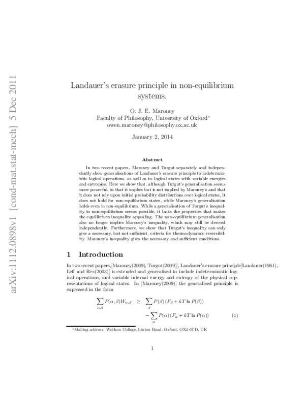(PDF) Landauer's erasure principle in non-equilibrium systems