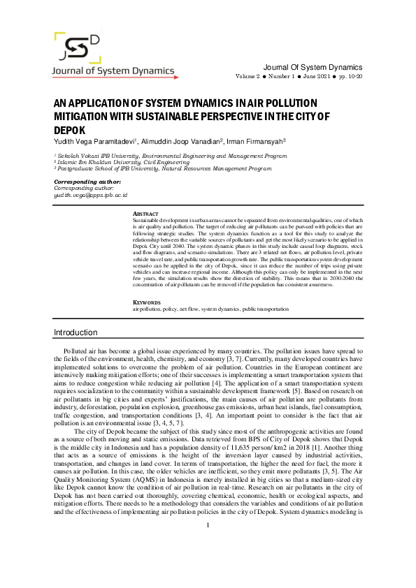 Pdf An An Application Of System Dynamics In Air Pollution Mitigation With Sustainable