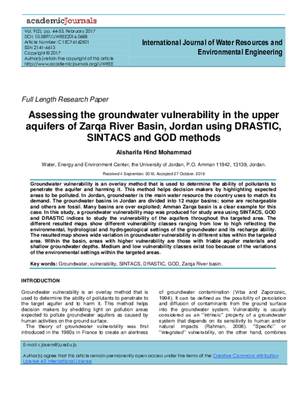 Pdf Assessing The Groundwater Vulnerability In The Upper Aquifers Of Zarqa River Basin Jordan