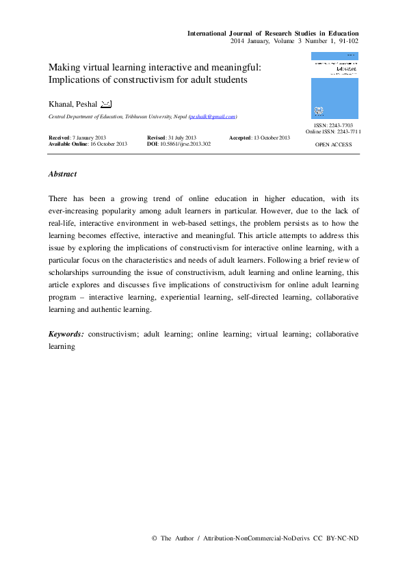 Making virtual learning interactive and meaningful: Implications of constructivism for adult ...