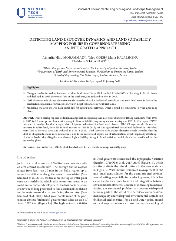 (PDF) Detecting Land Use/Cover Dynamics and Land Suitability Mapping for Irbid Governorate Using ...