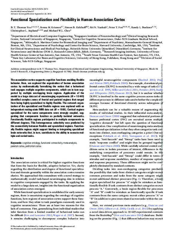 Pdf Functional Specialization And Flexibility In Human Association Cortex Michael Chee