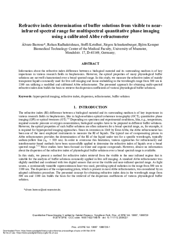 Pdf Refractive Index Determination Of Buffer Solutions From Visible