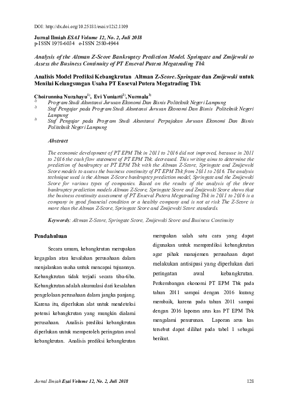 (PDF) Analisis Model Prediksi Kebangkrutan Altman Z-Score. Springate ...