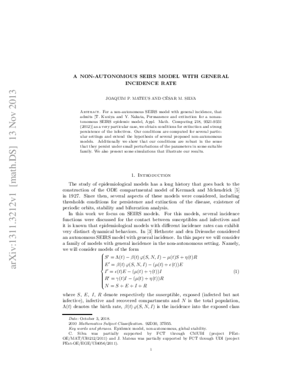 (PDF) A non-autonomous SEIRS model with general incidence rate | César Silva - Academia.edu