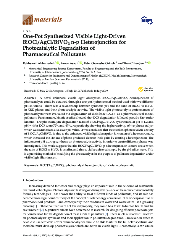 Pdf One Pot Synthesized Visible Light Driven Biocl Agcl Bivo4 N P Heterojunction For