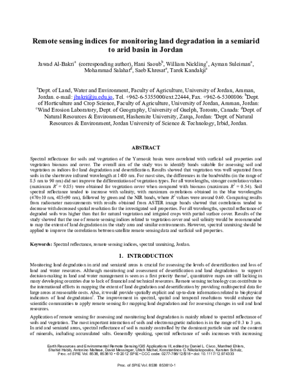 Pdf Remote Sensing Indices For Monitoring Land Degradation In A Semiarid To Arid Basin In Jordan