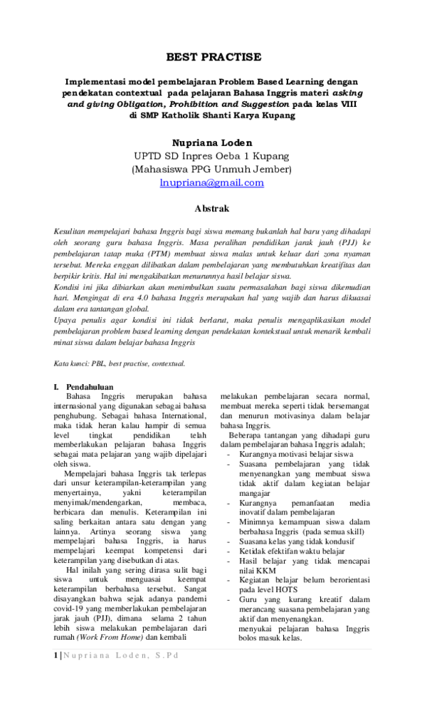 (PDF) Implementasi model pembelajaran Problem Based Learning dengan pendekatan contextual pada ...