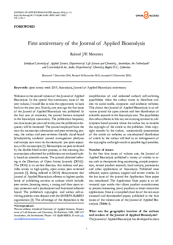 (PDF) First anniversary of the Journal of Applied Bioanalysis | Journal ...