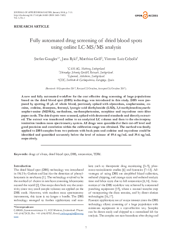(PDF) Fully automated drug screening of dried blood spots using online ...